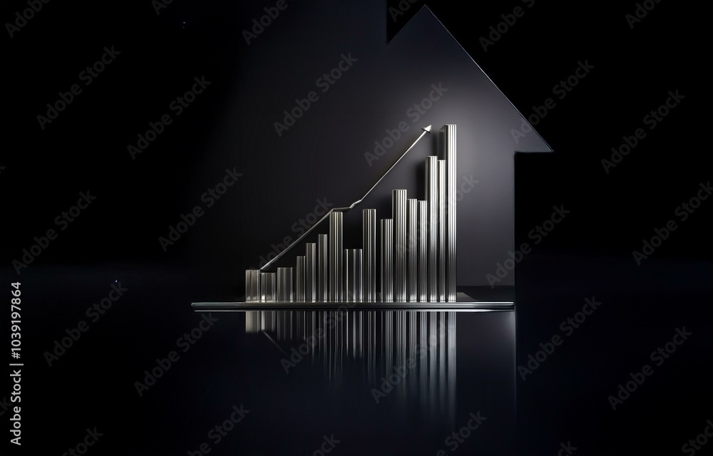 A silver bar graph with an arrow pointing upward sits on a reflective ...
