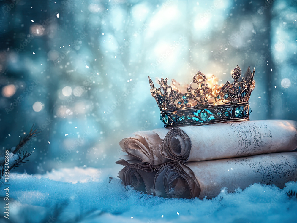 Magic crown atop a stack of books or scrolls with decorative design ...