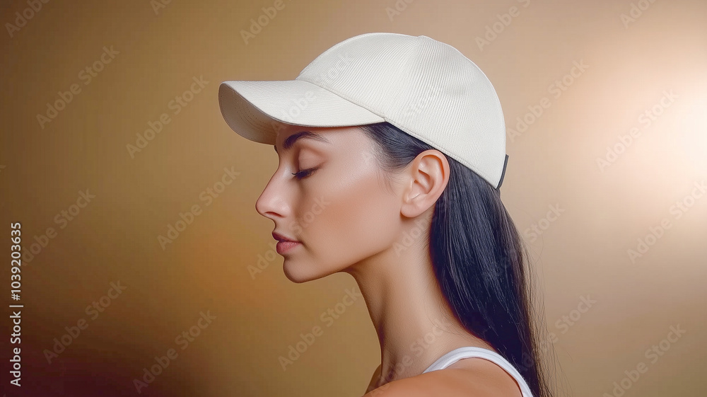 white , textured cap worn my a female model on a plain background of ...
