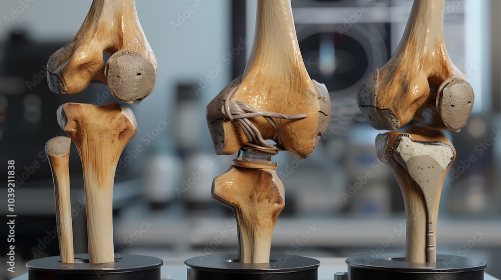 Model of knee joint showing multiple stages of knee osteoarthritis(OA ...