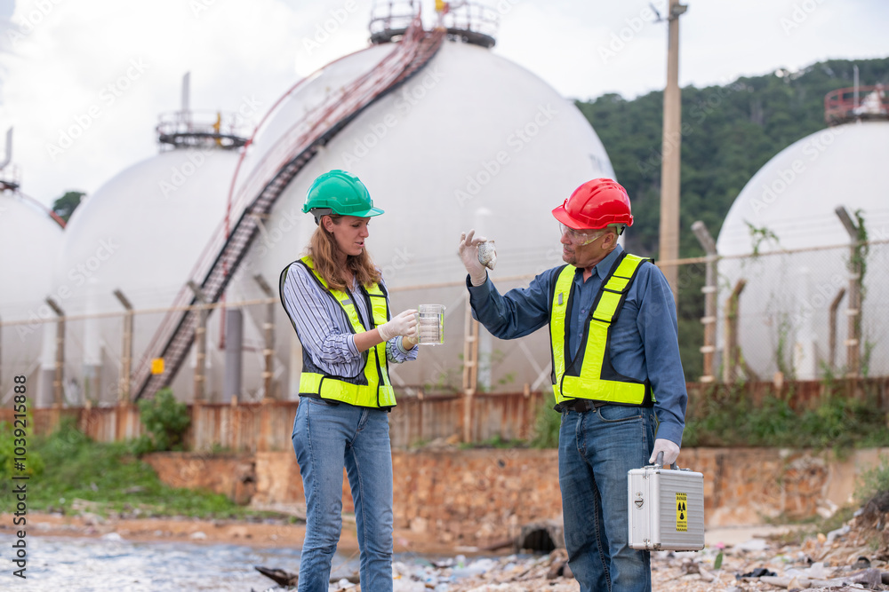 Environmental scientists or workers, wearing safety helmets and gloves ...