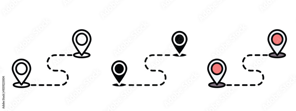 Series of black and white route icons that represent a path. The route ...