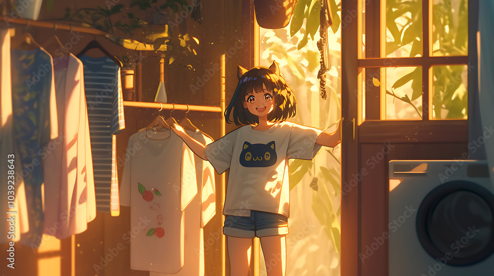 Super cute girl hanging out clothes in the morning, Anime style Stock ...
