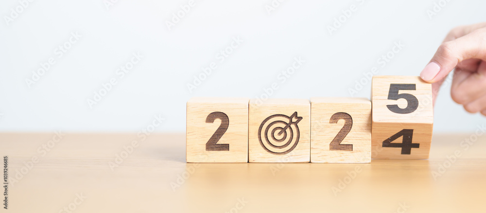 2024 year change to 2025 year block with dartboard icon. Goal, Target ...