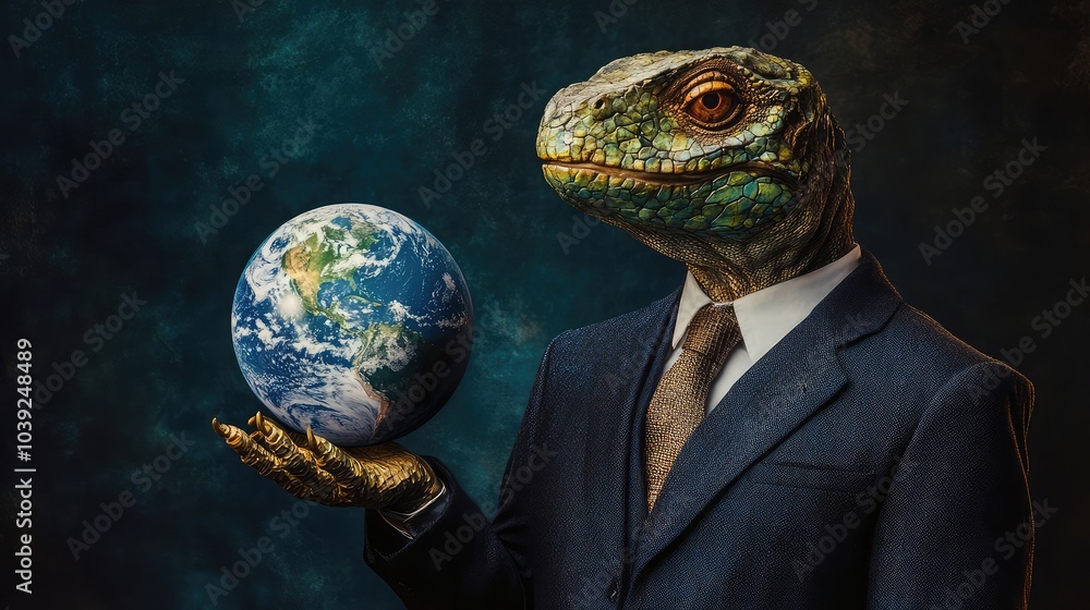 Lizard person in a suit holding a model of Earth, depicting a fictional ...