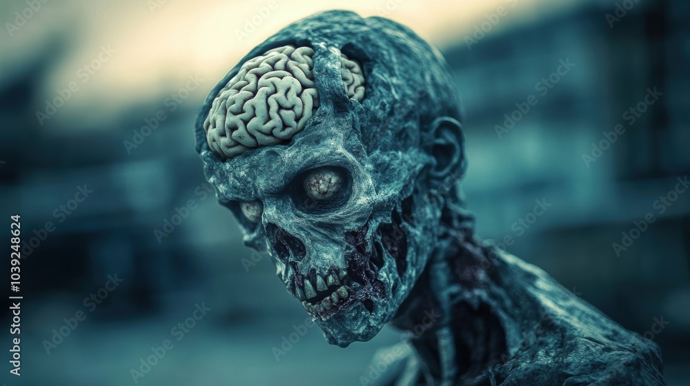 A detailed close-up of a decaying zombie with its brain exposed, set in ...
