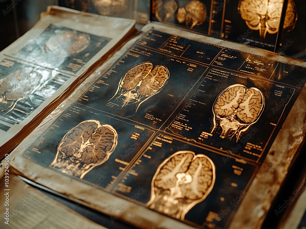Candid close-up of brain images on an old-fashioned medical screen ...