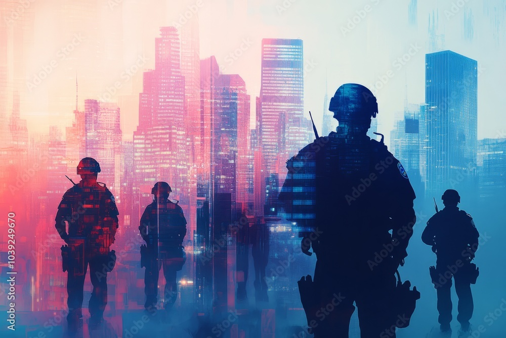 abstract illustration of American law enforcement featuring a city ...