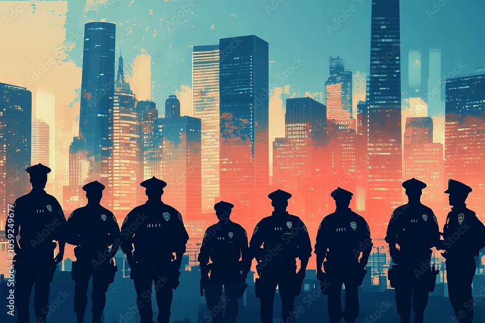 abstract illustration of American law enforcement featuring a city ...