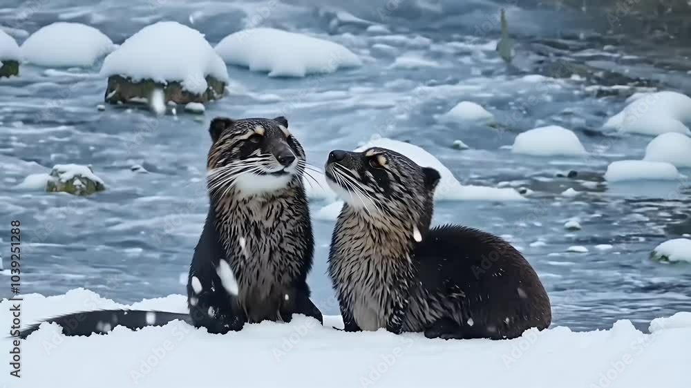 Two river otters cuddle kiss joyfully snowfall creating endearing ...