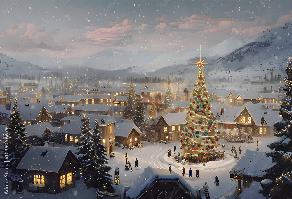 winter landscape in the mountains, A Christmas village on a cold winter ...