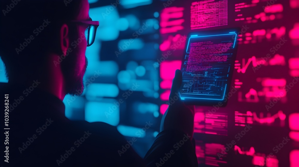 Futuristic human using a holographic touchscreen interface with AI ...