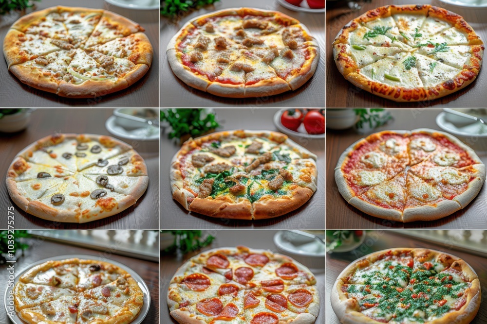 Selection of nine different pizzas with various toppings displayed on a ...