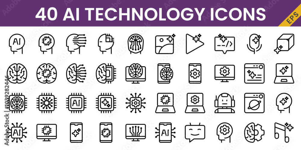 40 AI Technology icons in line style including generative image ...