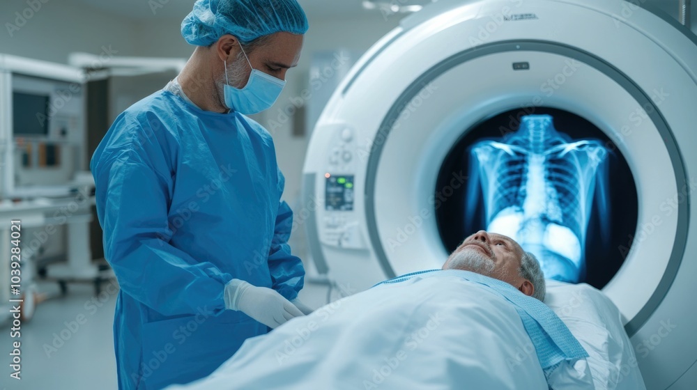 Skilled technician carefully positioning and adjusting a patient for an ...