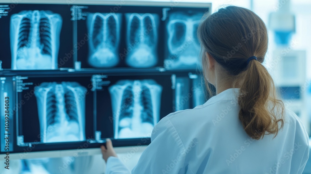 Radiologist carefully examining a bone density scan to assess the ...