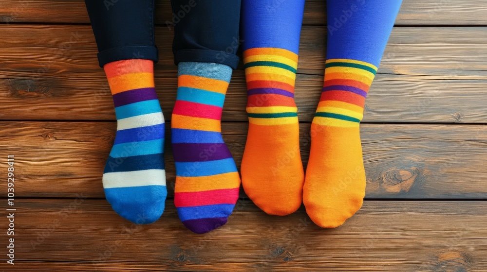 Colorful, mismatched socks displayed together on a wooden floor ...
