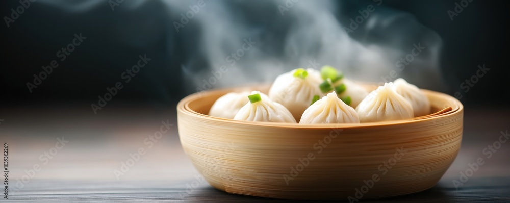 Steaming dumplings served in a wooden basket, highlighting the delicate ...