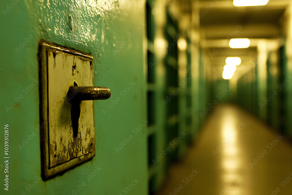 detailed close up of jail cell number plate bolted to wall, showcasing ...