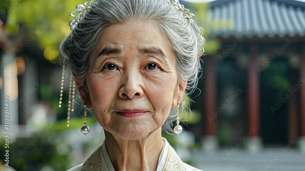 white hair Chinese elder woman wearing Hanfu dress with confident look ...