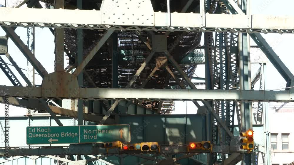 New York elevated subway, metropolitan bridge, metro track above street ...