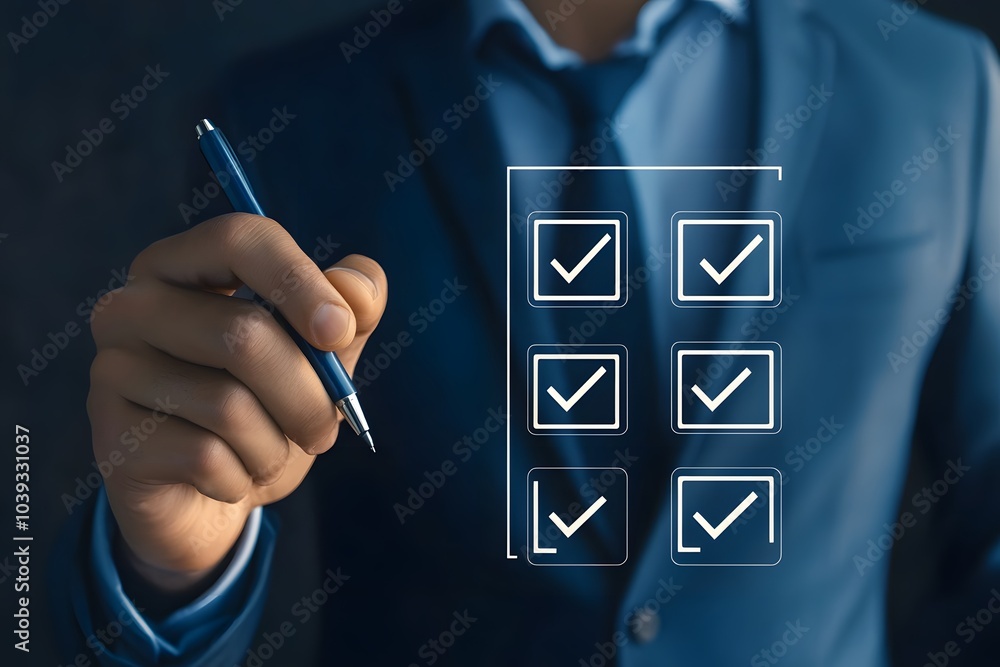 A business professional holding a pen interacts with a virtual ...