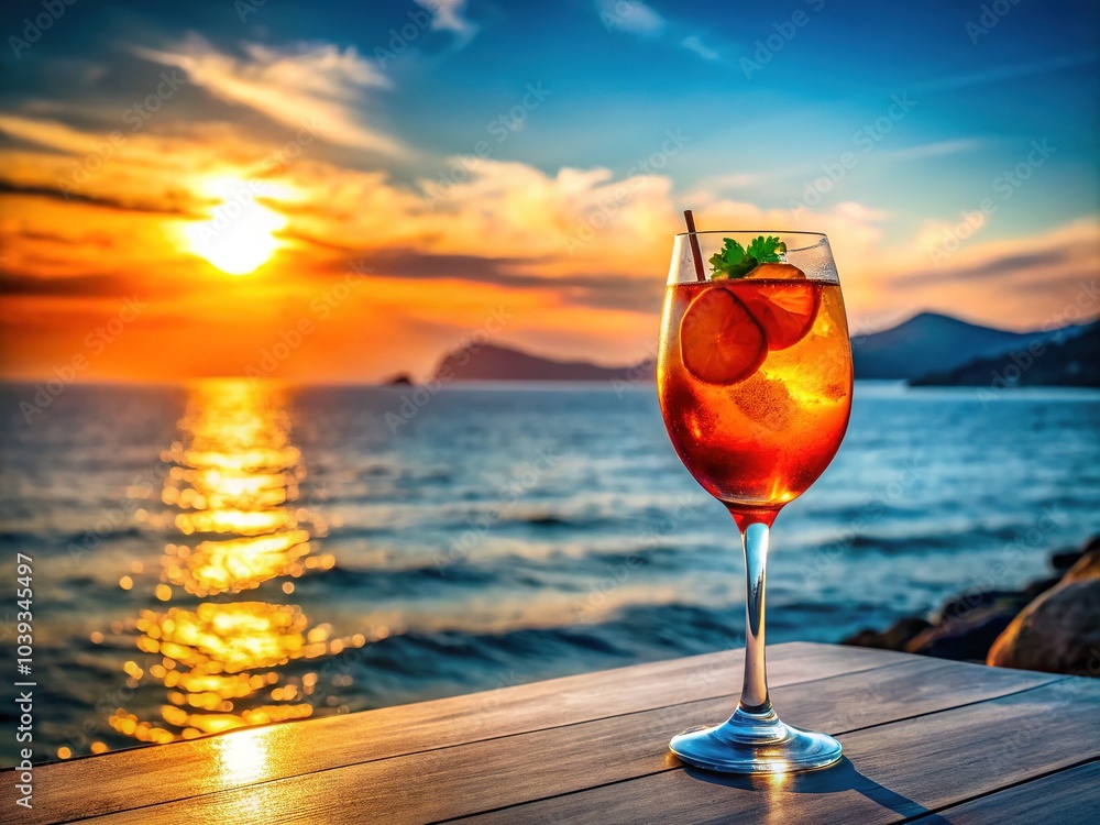Beachside sunset, a vibrant Aperol Spritz, capturing the essence of ...