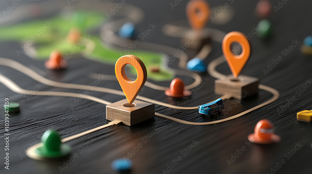 colorful roadmap with wooden markers and playful elements, illustrating ...