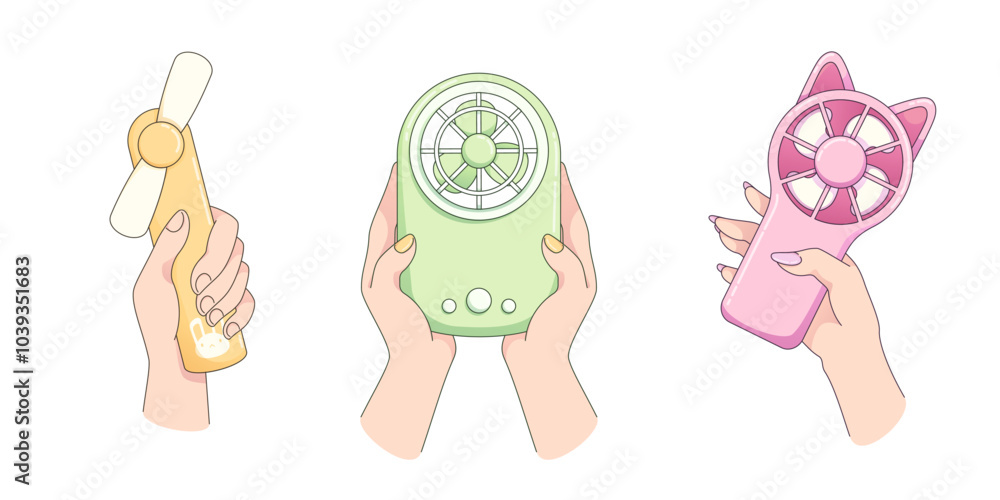 Human hands holding cute portable fan. Cartoon vector illustration set ...