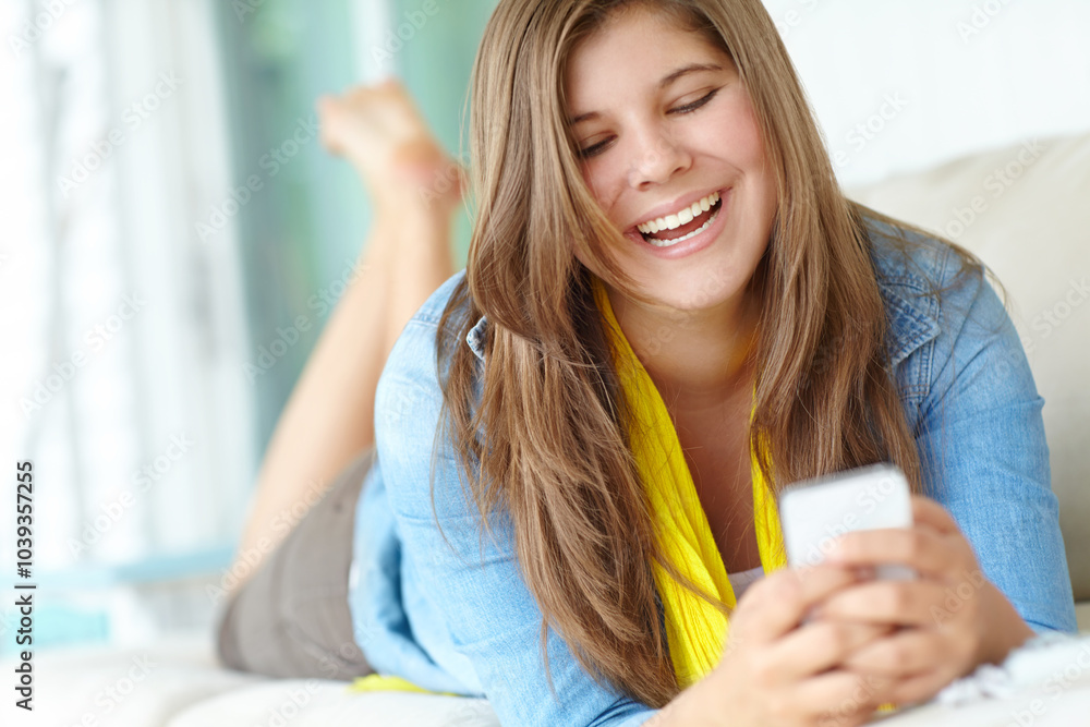 Girl, laughing and relax on phone in home, funny meme and joke on ...