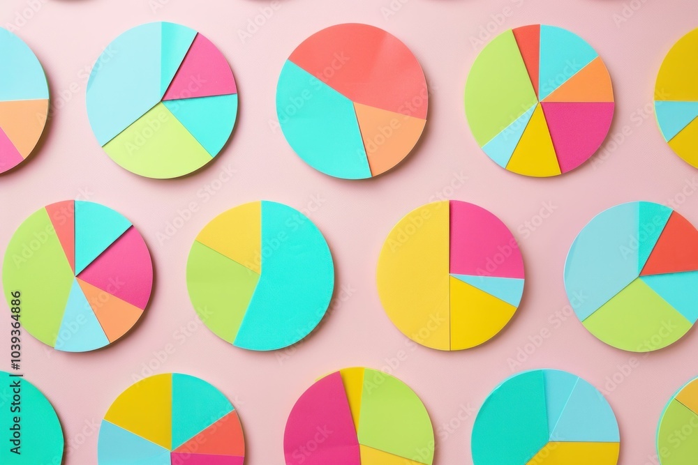 Colorful pie charts on a pastel pink background, showcasing various ...