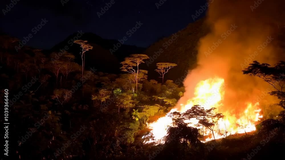 Mountain forest burning in the night darkness, wildfire inferno raging ...