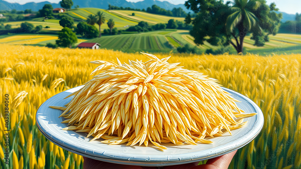 Oil painting artistic image of rice on plate in front, background rice ...