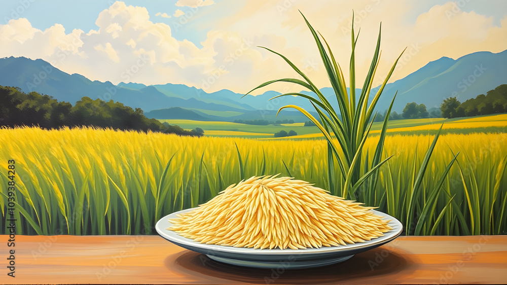 Oil painting artistic image of rice on plate in front, background rice ...