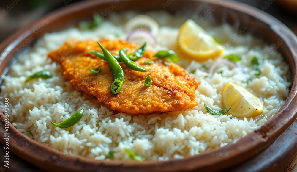 Traditional Panta Ilish with Fried Fish and Green Chilies on Steamed ...