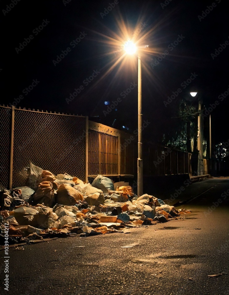 Large piles of garbage scattered on a dark street under a glowing ...