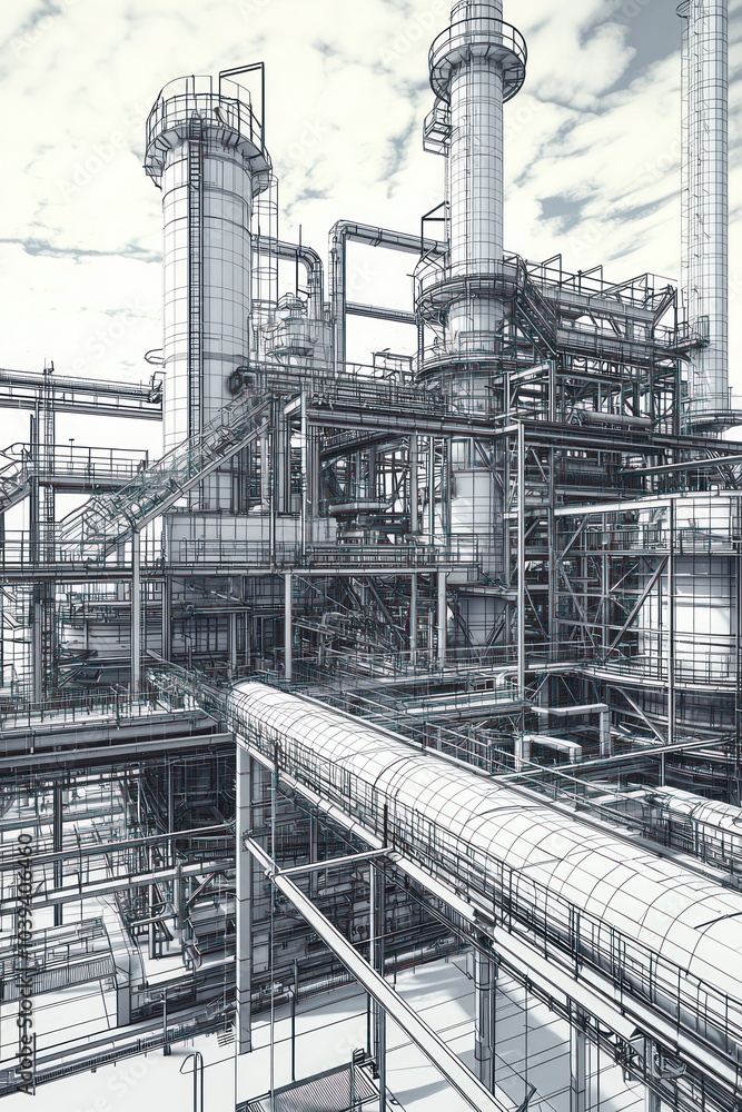 Wireframe visualization of an industrial site with in-depth technical ...