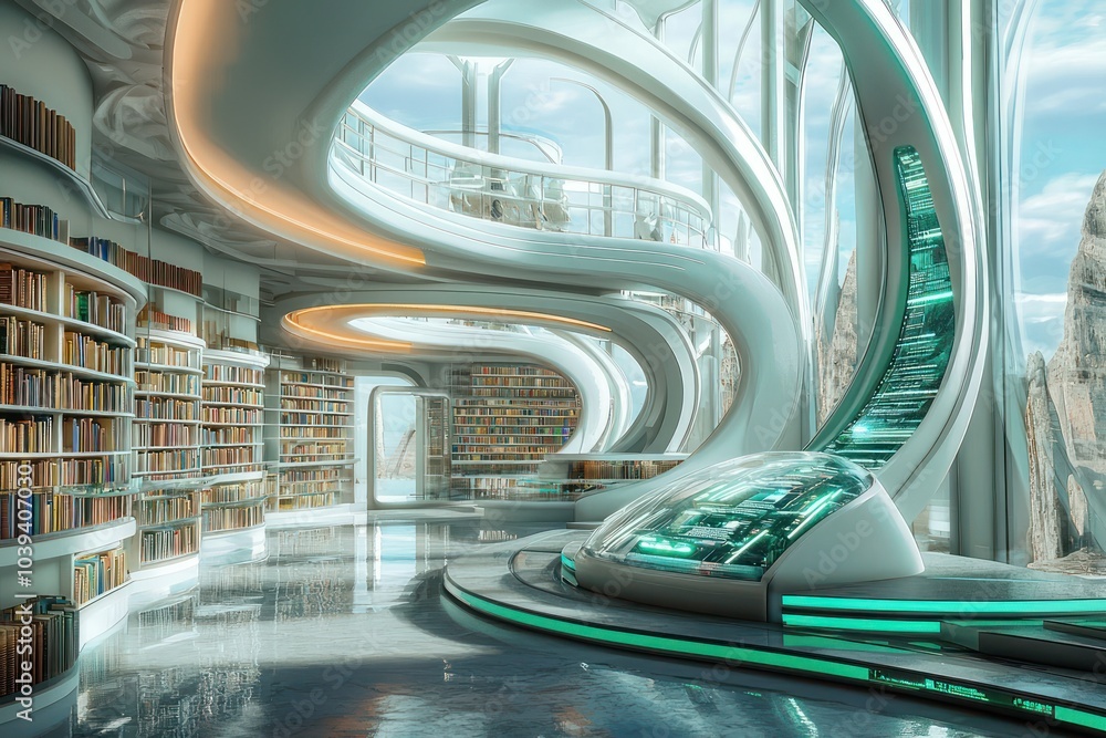 Futuristic library concept art in 3D, featuring integration of digital ...