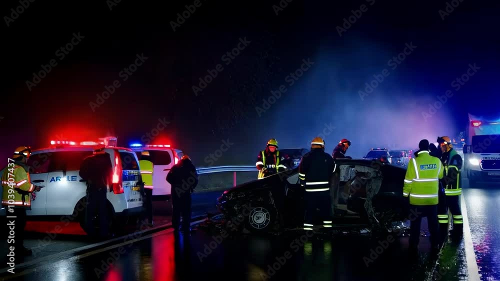 Emergency personnel work diligently at night to secure a car crash site ...
