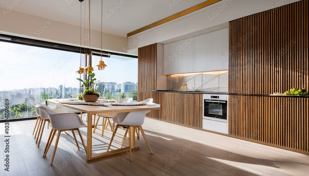 Sunny modern dining area with white kitchen set decorated by wooden ...