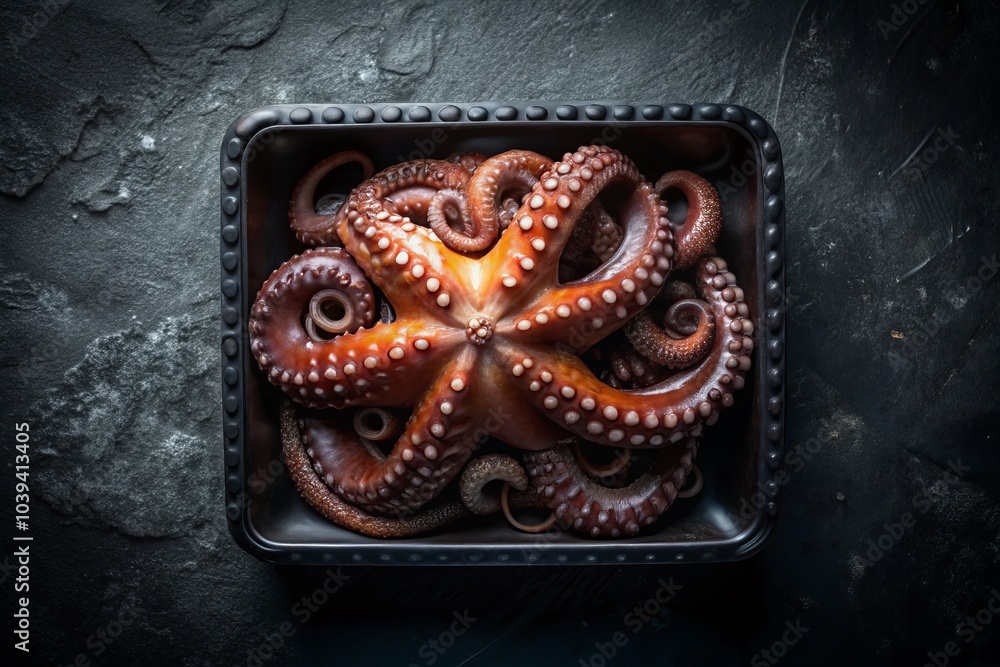 Premium Black Octopus Seafood Packaging Design with Shabby Texture and ...