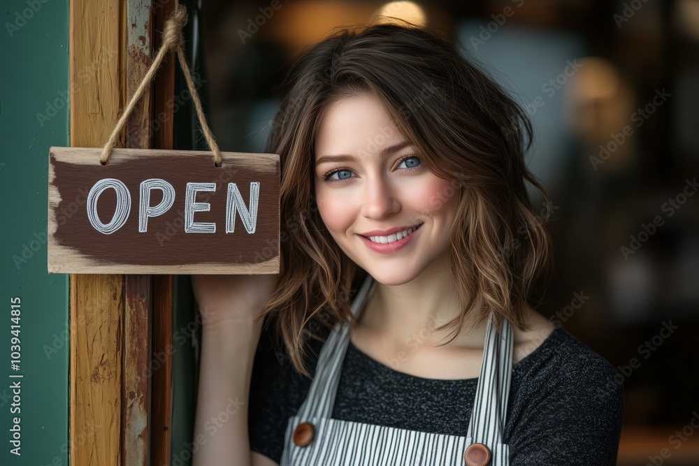 Small business owner. Young woman owner shop in town. She is opening ...