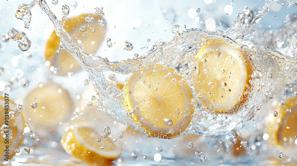 Captivating splash a rotating golden water column featuring fresh lemon slices in a refreshing ...