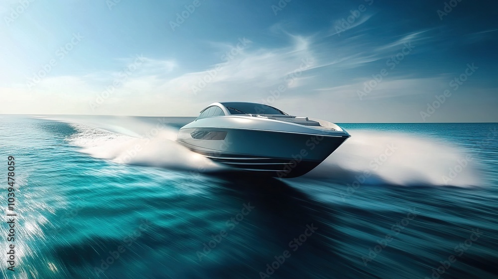 A sleek speedboat zooming across the ocean, leaving a white trail of ...