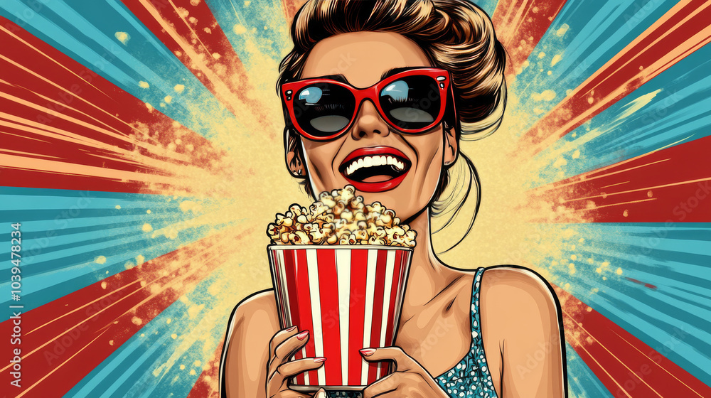 A woman enjoys a movie, munching on popcorn with a big smile. The scene ...
