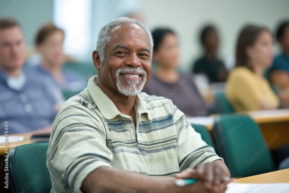 Mature adults in a classroom setting, attentively listening to a ...