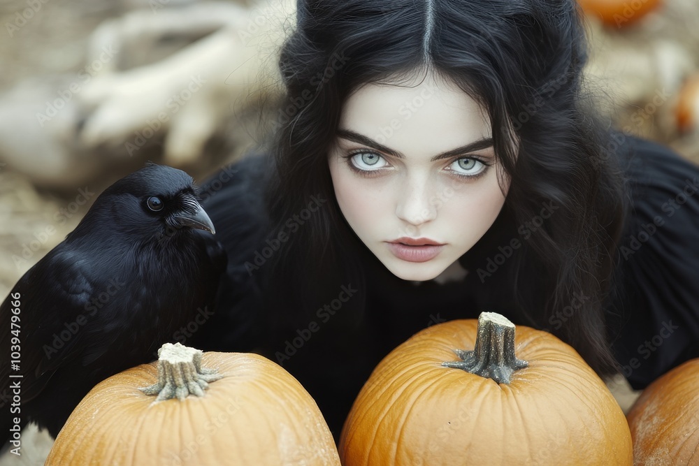 Dark gothic style portrait of a young woman holding pumpkins and a ...