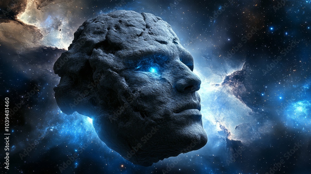 An alien head, boasting blue eyes, floats amidst a vast expanse of ...