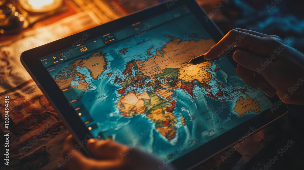 Someone is using a tablet to look at a map of the world. The map shows ...