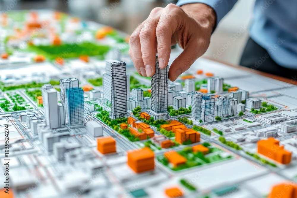 Hand arranging a miniature 3D city model on a table symbolizing urban ...